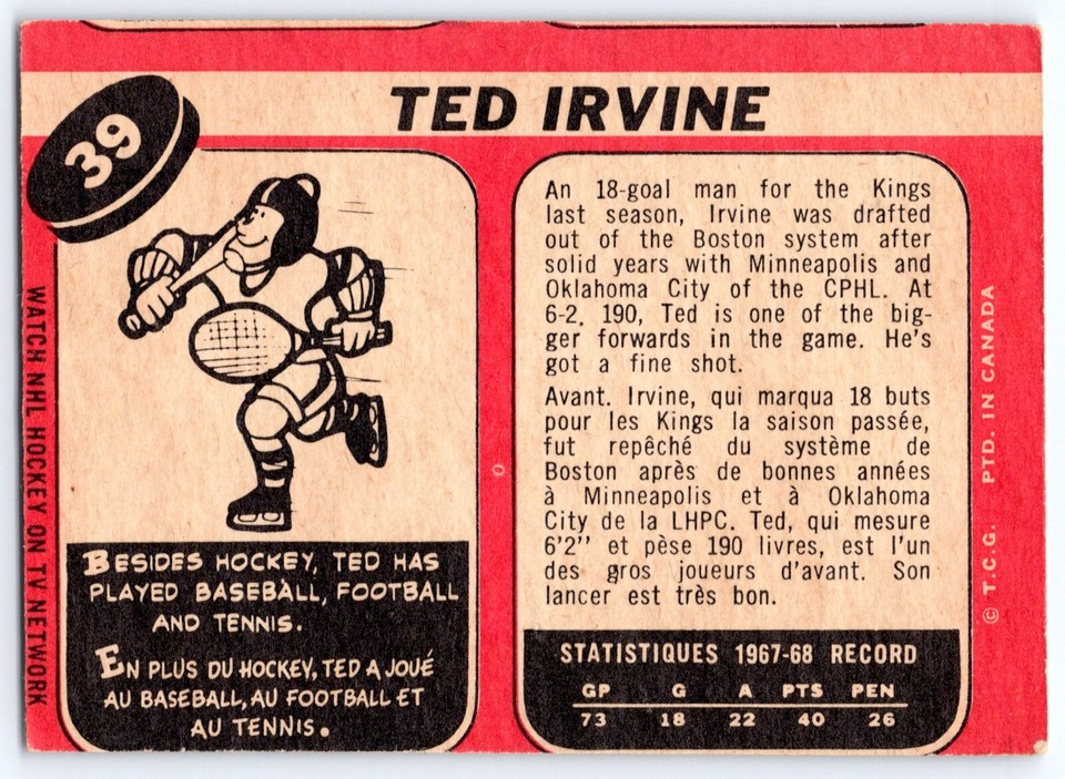 TED IRVINE RC 1968-69 O-PEE-CHEE 68-69 NO 39 EX 51424 | eBay