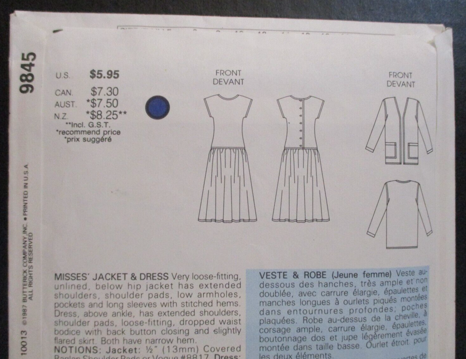 Very Easy Very Vogue Pattern 9845 Misses Jacket & Dress Size 8-10-12 ...