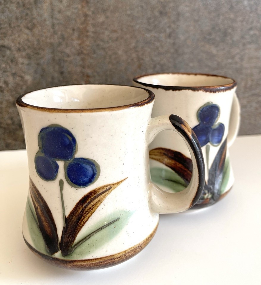 Polish European Mugs x2 pottery heavy ceramics pair "foreign" blue ...