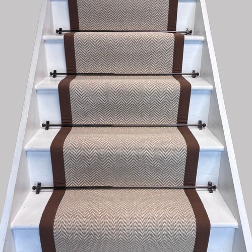 Herringbone Chalk Beige Wool Stair Runner with 100% Cotton Brown Border ...