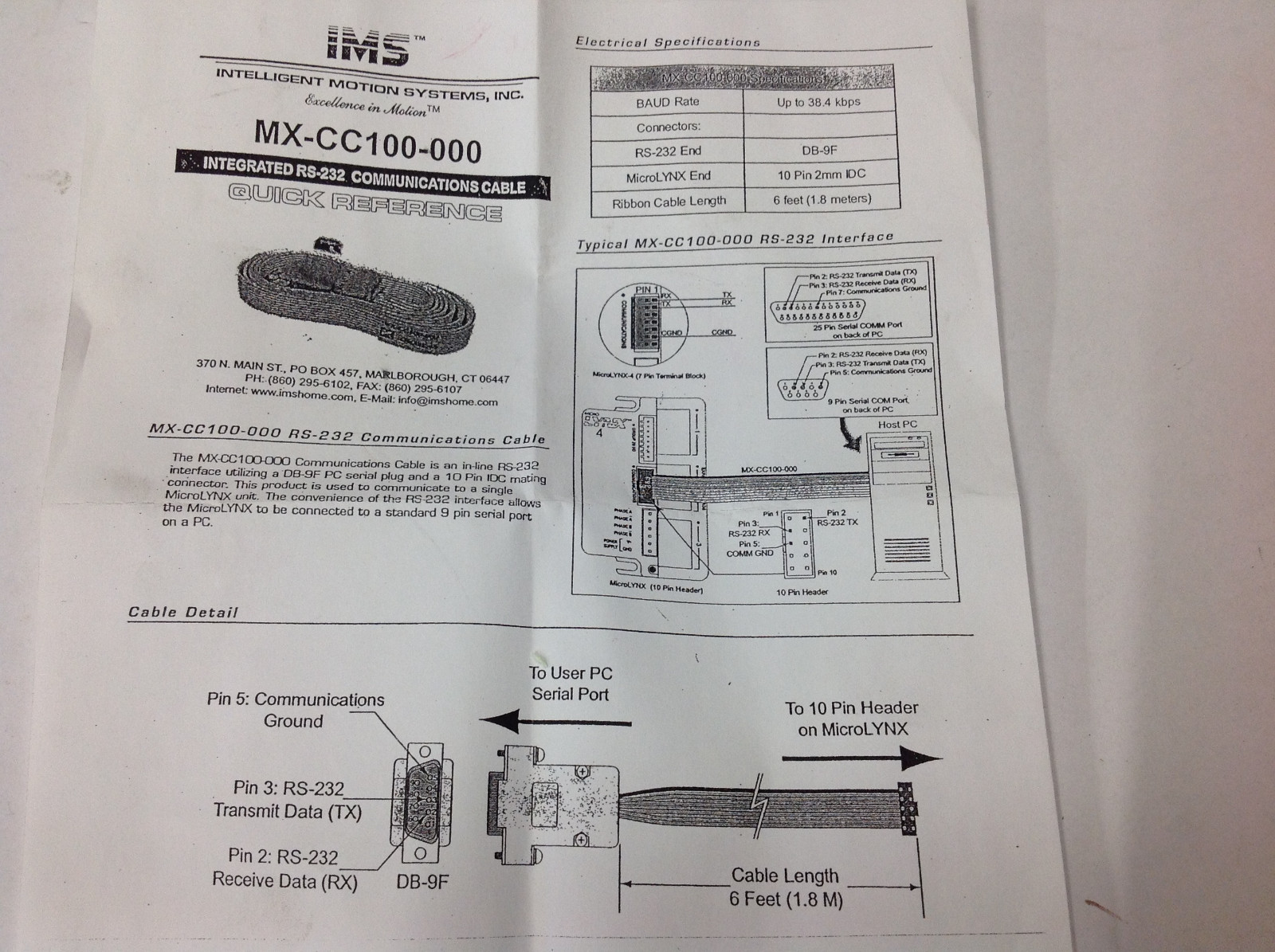 IMS MX-CC100-000 MicroLYNX Integrated RS-232 Communication Cable. IN ...