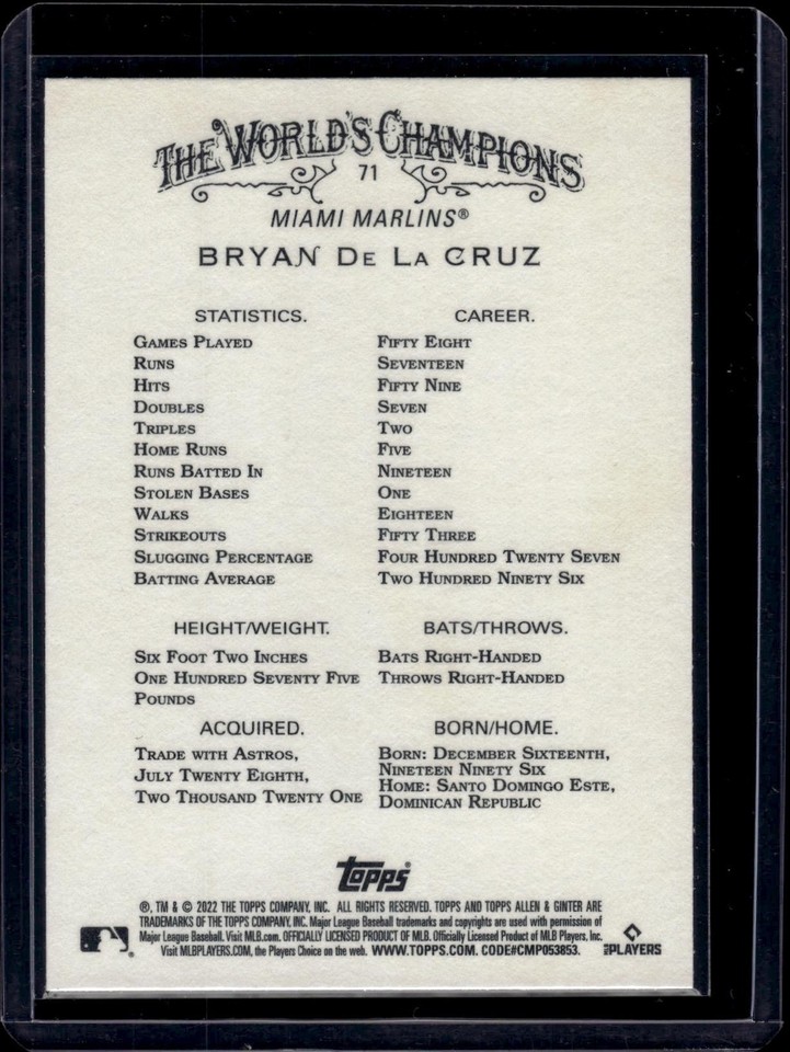 2022 Topps Allen & Ginter #71 Bryan De La Cruz | eBay