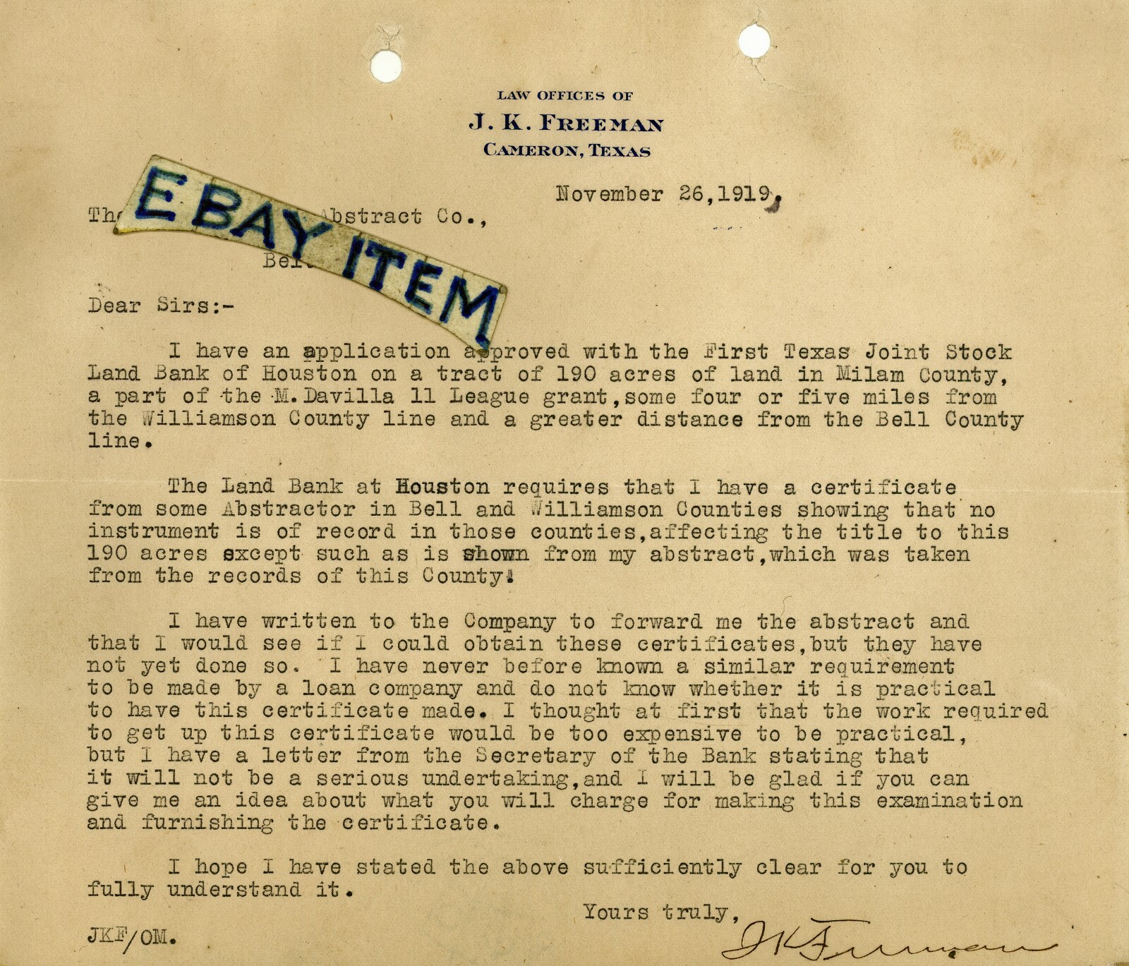 1919 CAMERON TEXAS letterhead LAW Office of J. K. FREEMAN Lawyer MILAM ...