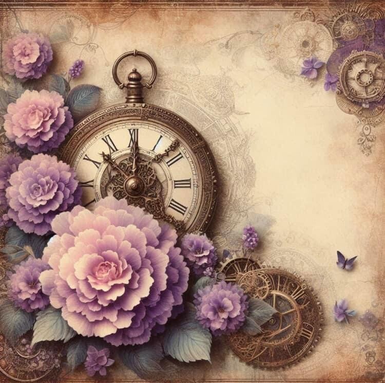 Vintage Hydrangea & Clock Ephemera #3 - 8x8 Craft Sewing Cotton Fabric ...