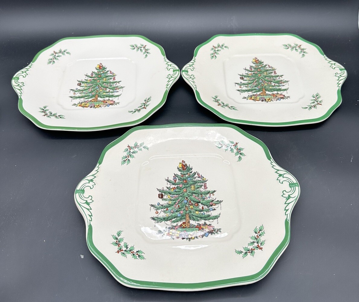 Vintage Spode Christmas Tree Set of 3 Square Handled Serving Trays Cake ...