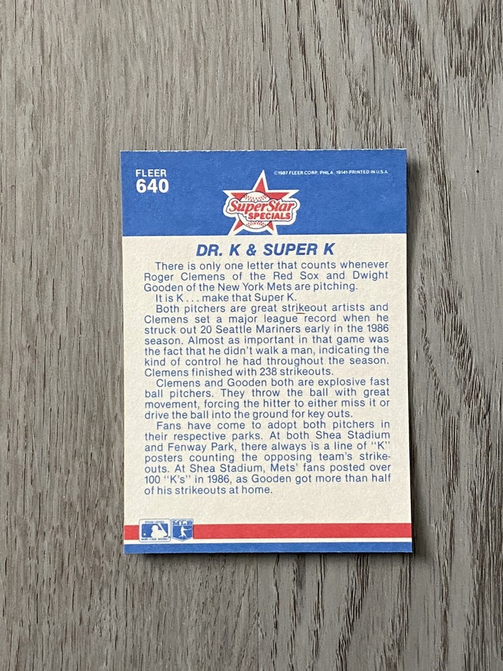 1987 MLB Fleer 'Dr K & Super K' | Dwight Gooden & Roger Clemens | #640 ...