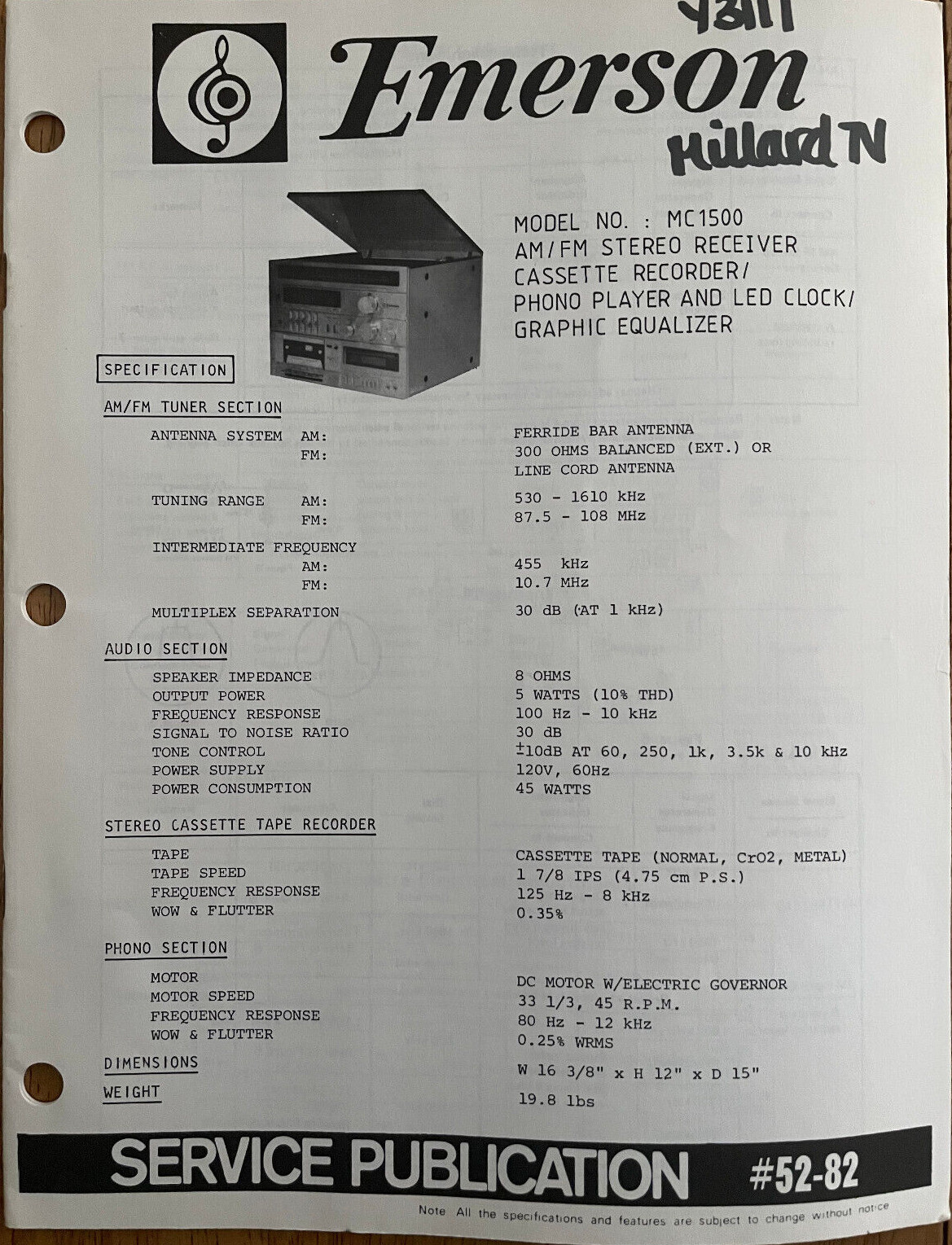 EMERSON MC1500 AM FM MPX RECEIVER 8 TRACK CASSETTE PHONO PLAYER SERVICE ...