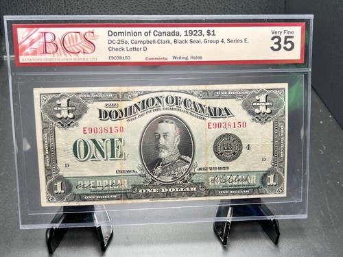 1923 Dominion of Canada $1 Bank Note BLACK SEAL Graded BCS VF-35 SN ...