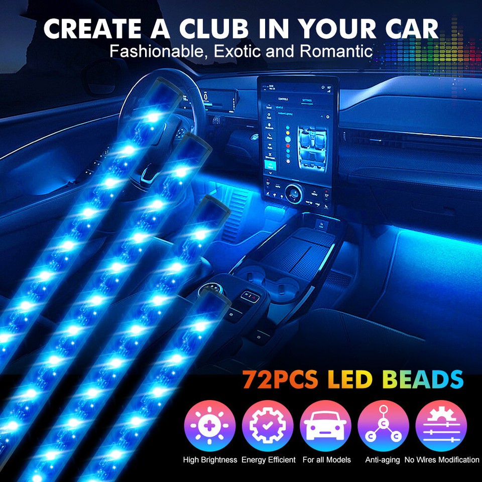 4x RGB 72 LED USB Car Interior Floor Atmosphere Light Strips Bluetooth ...