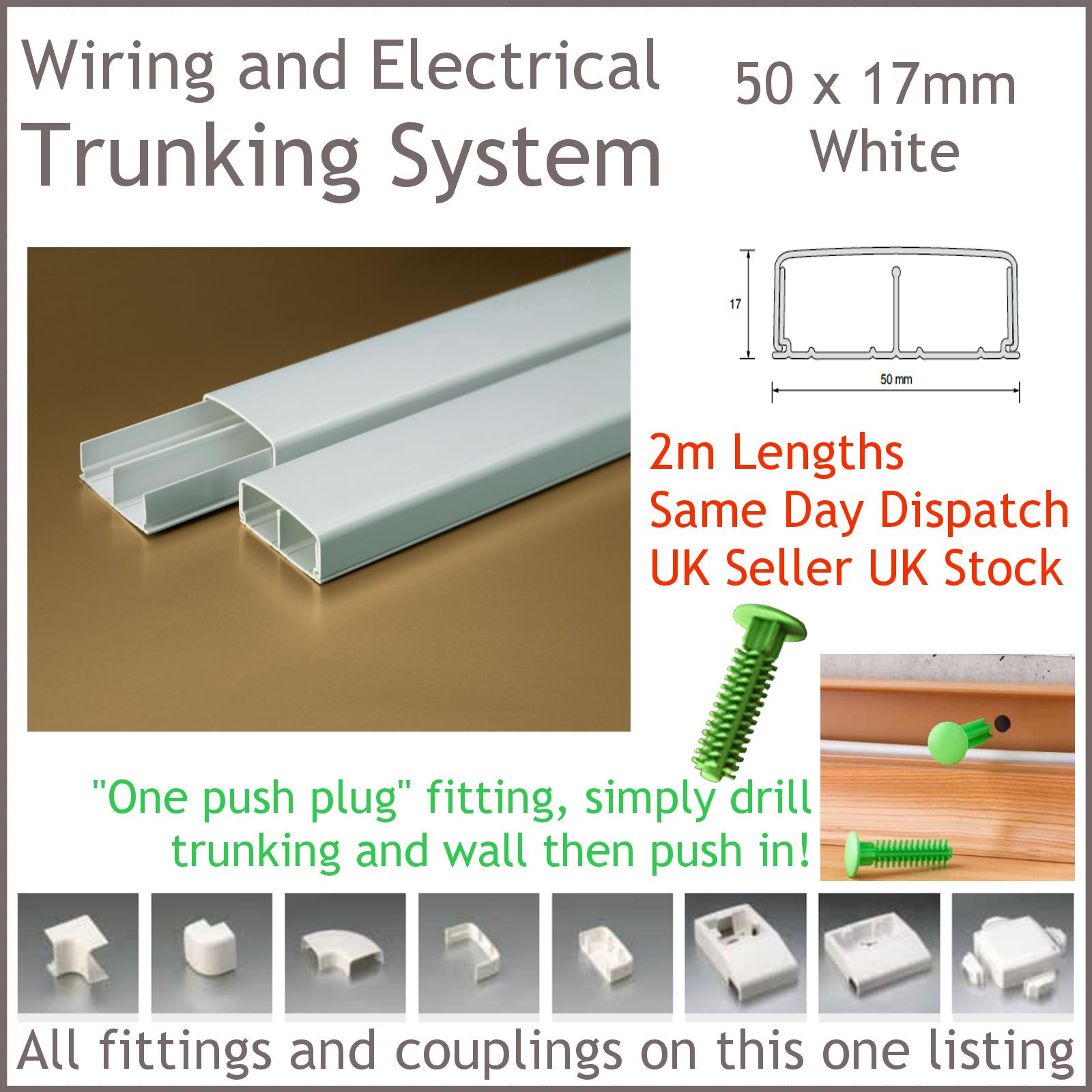 WHITE ELECTRICAL TRUNKING SYSTEM CABLE DUCTING WIRING CONDUIT 50 X 17MM ...