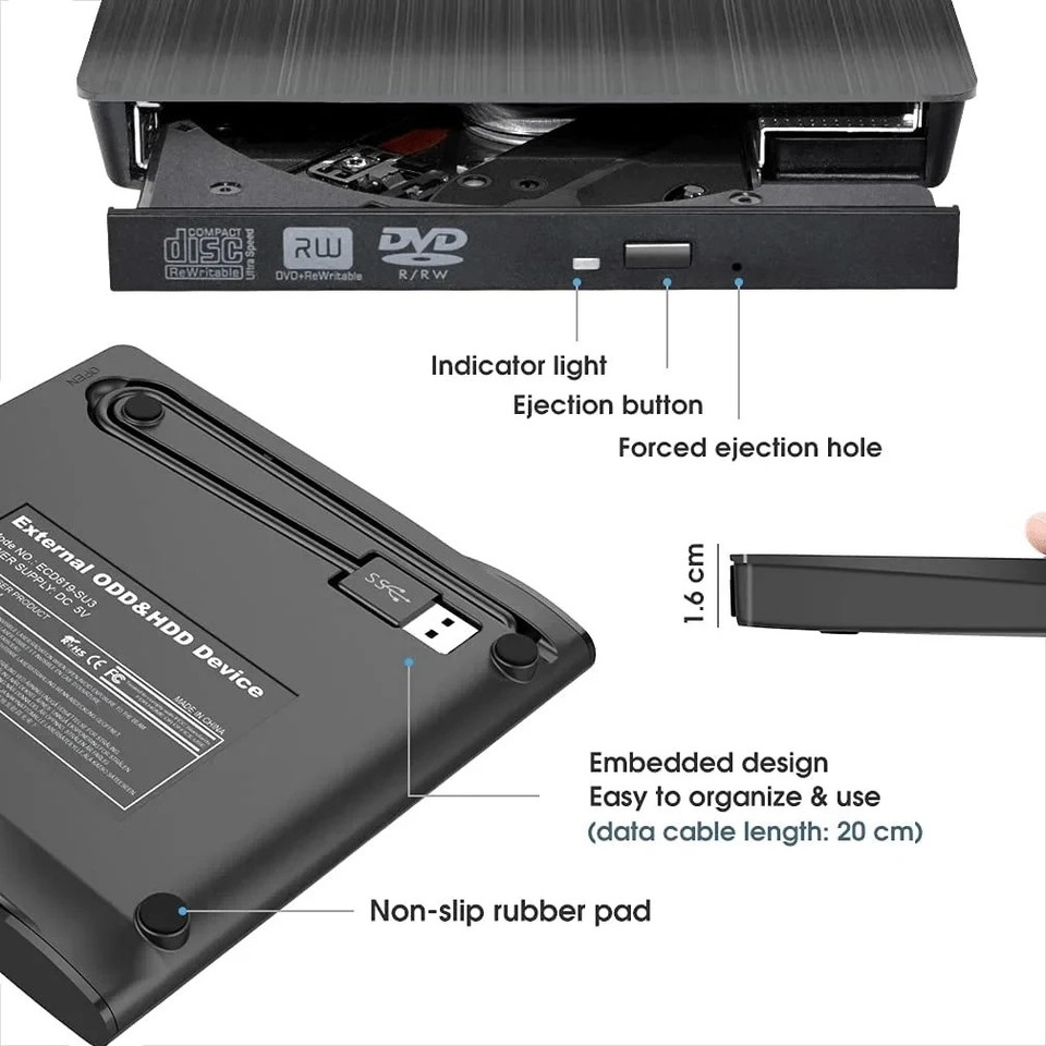 Slim External CD/DVD ROM Drive USB 3.0 Player Reader for Laptop PC Mac ...