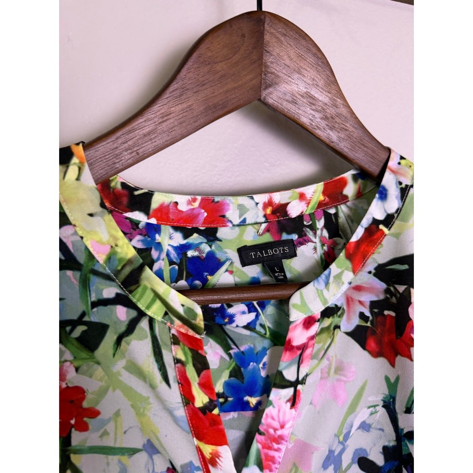 Talbots Floral Split Neck Blouse Large Colorful Garden Print Long ...