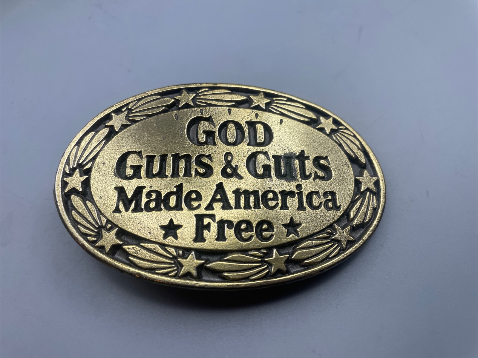 God Guns & Guts Made America Free - Brass Belt Buckle… - Gem