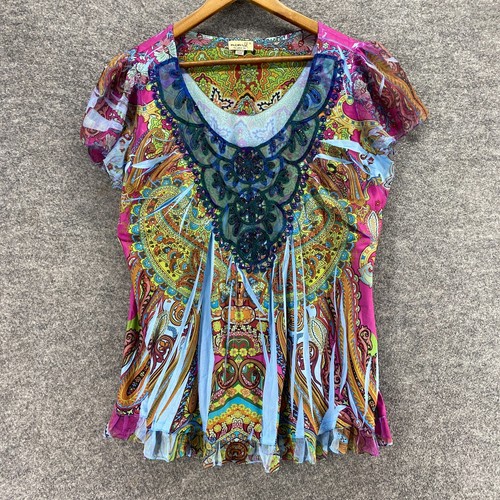 One World Blouse Women 1X Plus Blue Geometric Short Sleeve Pullover ...