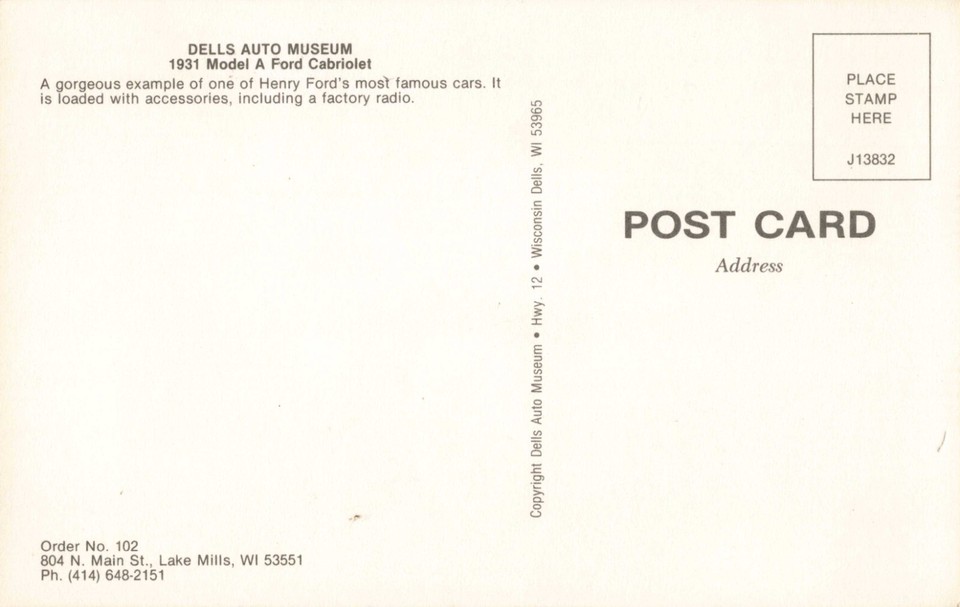 Postcard 1931 Model A Ford Cabriolet Dells Auto Museum Wisconsin Dells ...