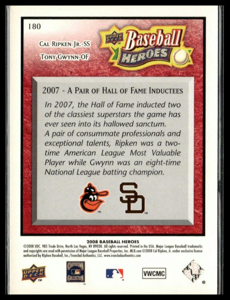 2008 Upper Deck Baseball Heroes #180 Cal Ripken Jr. / Tony Gwynn Red ...