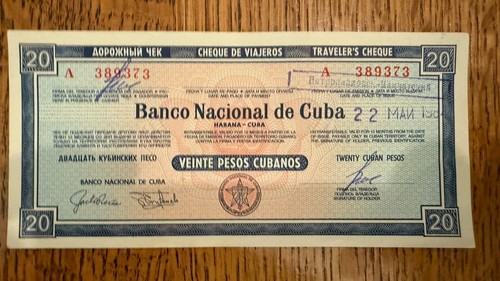 Cuba 20 pesos used travelers check / travellers cheque communist | eBay