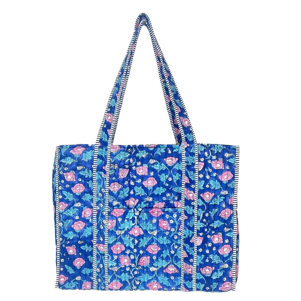 Anju Quilted Block-Printed Tote Bag w/Pouch, Rich Primrose Floral Boho ...
