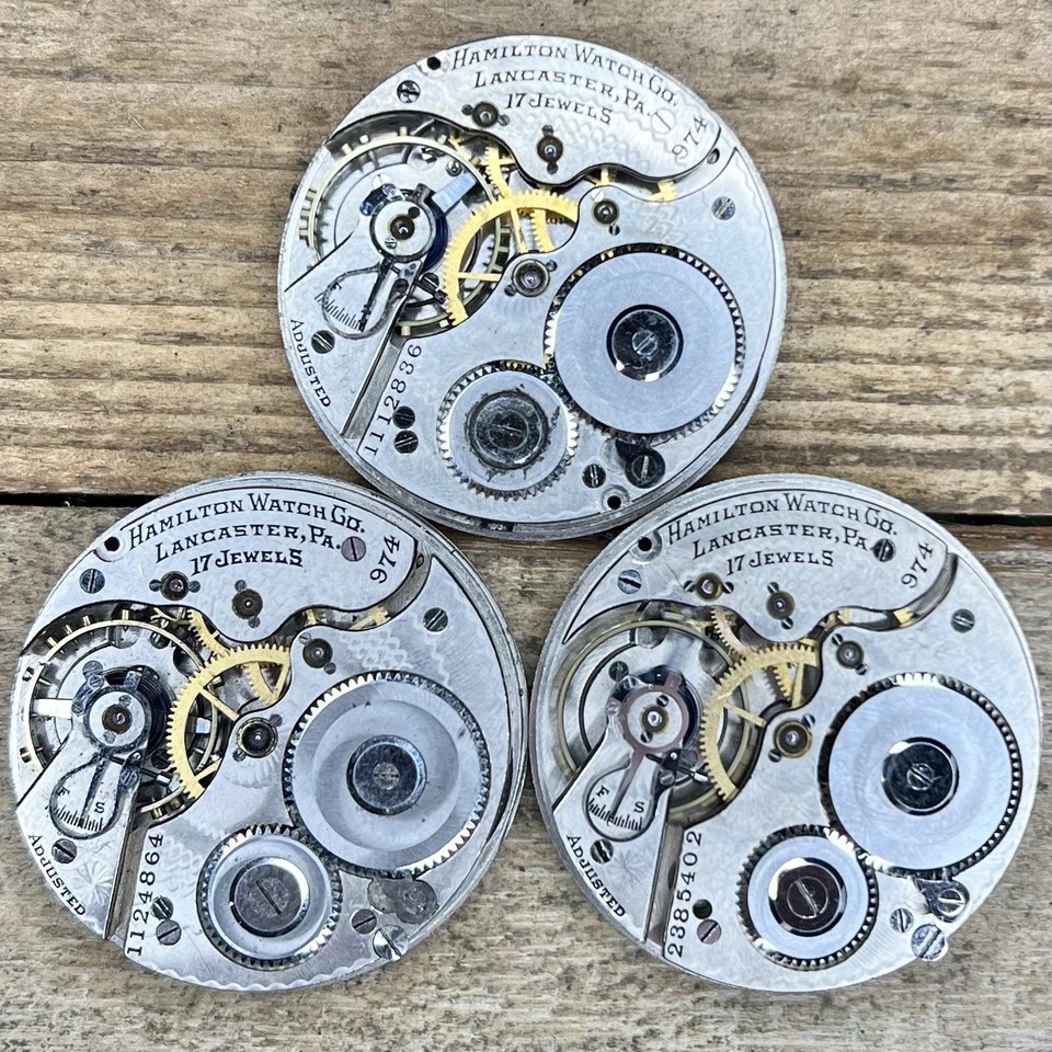 16s Hamilton Pocket Watch Movements - Grade 974 - 17 Jewels, Adjusted ...