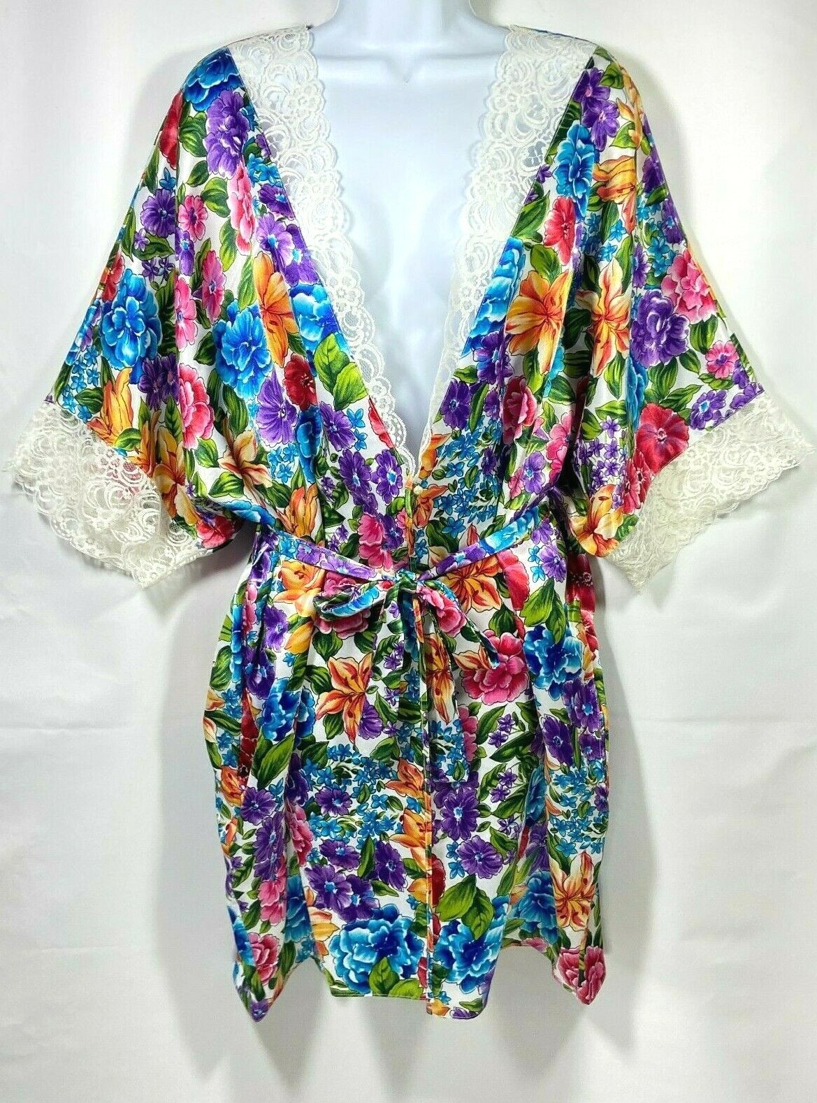 Vintage Delicates Bold Floral Short Robe Lace Trim Lingerie NOS Medium ...