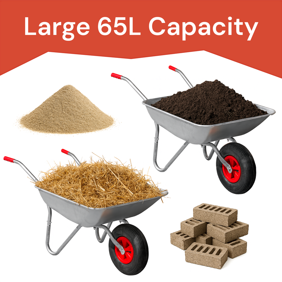 65 LITRE WHEELBARROW GALVANISED STEEL OUTDOOR WHEEL BARROW PNEUMATIC ...