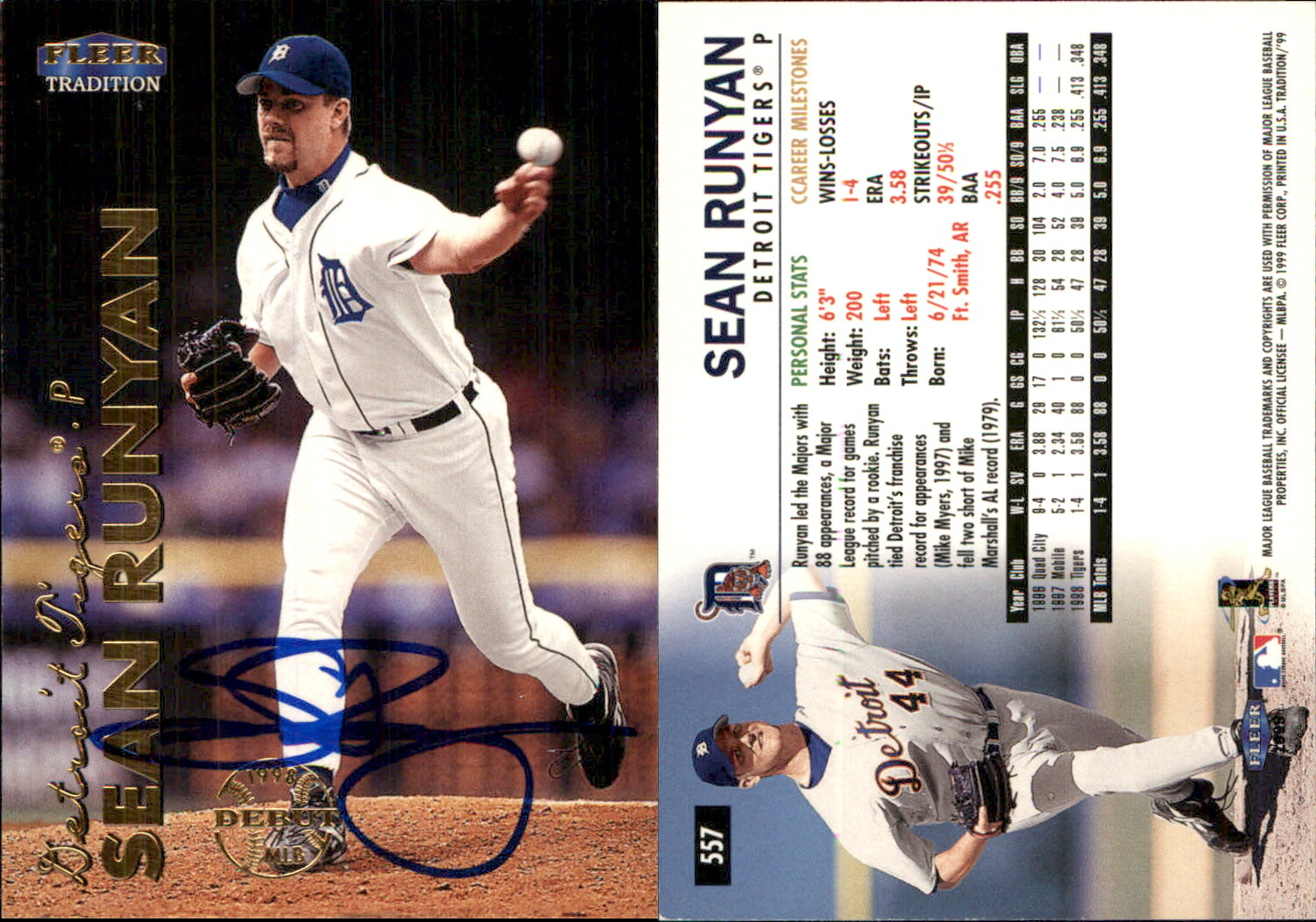 Sean Runyan Signed 1999 Fleer Tradition #557 Card Detroit Tigers Auto ...