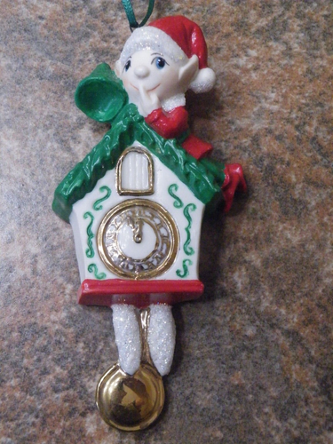Vintage ELF PIXIE Santa on CUCKOO CLOCK Ceramic CHRISTMAS Ornament FREE ...