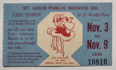 1940 Nov St Louis Public Service Tram Trolley Bus Ticket Pass Ice ...