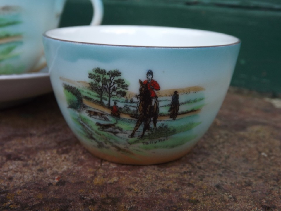 Vintage Tea for one set Tally Ho Hunting scene Cup & saucer jug & sugar ...