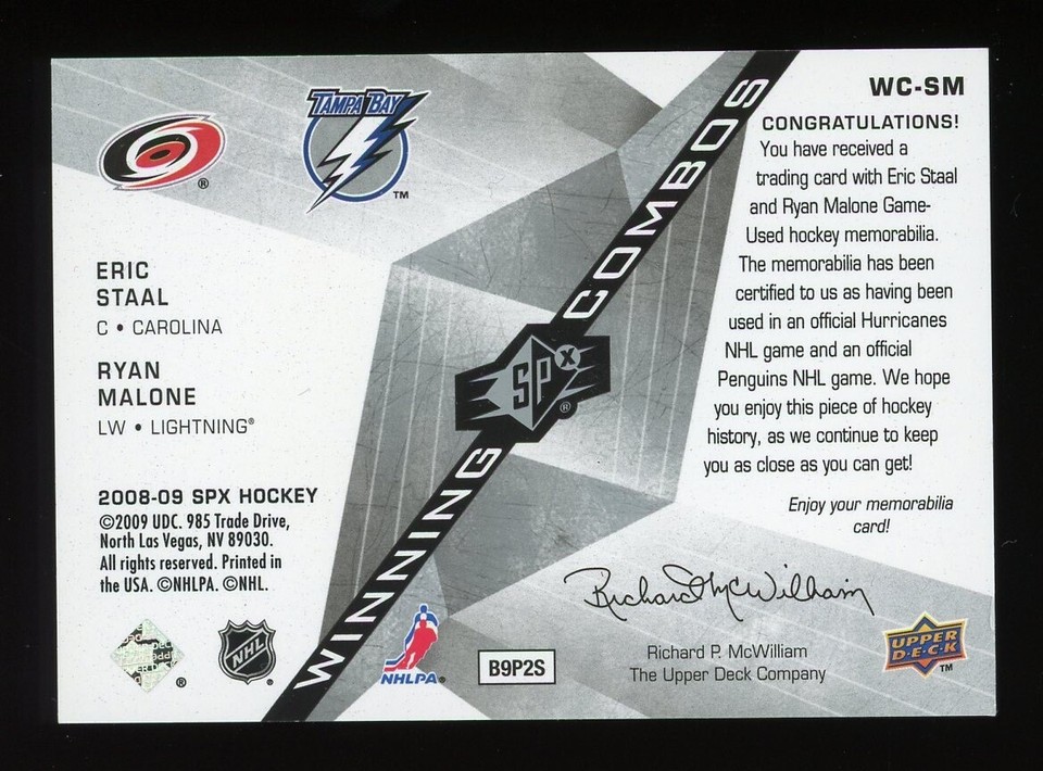 2008-09 Upper Deck SPx Eric Staal & Ryan Malone Winning Combos Jerseys ...