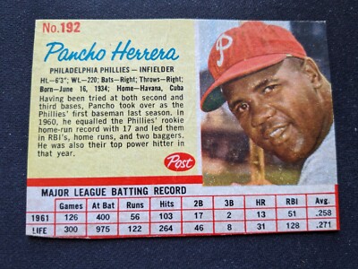 1962 Post Cereal Baseball Card # 192 Pancho Herrera - Philadelphia Phillies VGEX | eBay