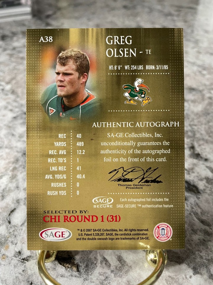 2007 Sage GREG OLSEN Miami Hurricanes Bronze Autograph Auto Bears ...