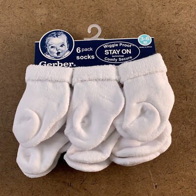 Gerber Baby Size 3-6 Months White Stay On Comfy Terry Cuff Socks 8-Pack ...