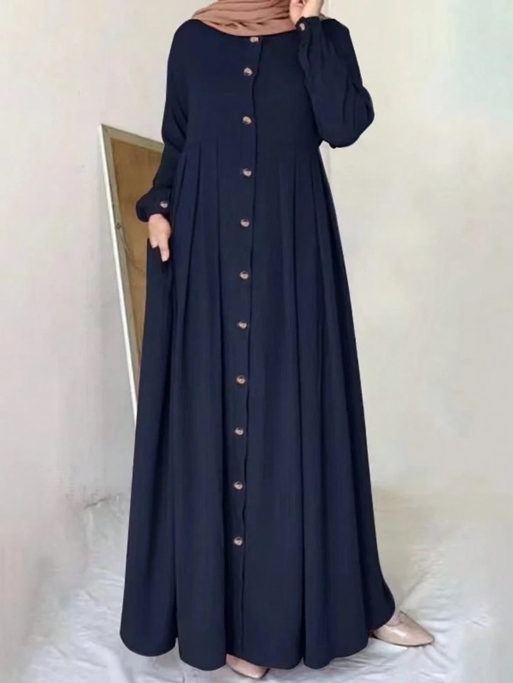 Women Plain Button Front Abaya Maxi Dress Muslim Modest Long Sleeve ...