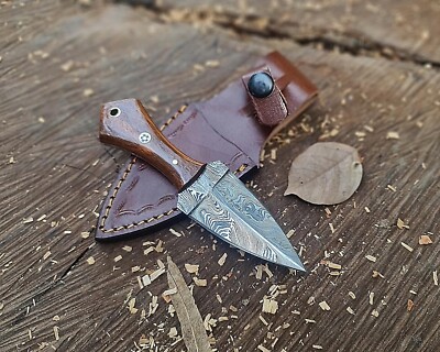 Damascus Small Fixed BLade Neck Knife Handmade Double Edge Dagger with ...