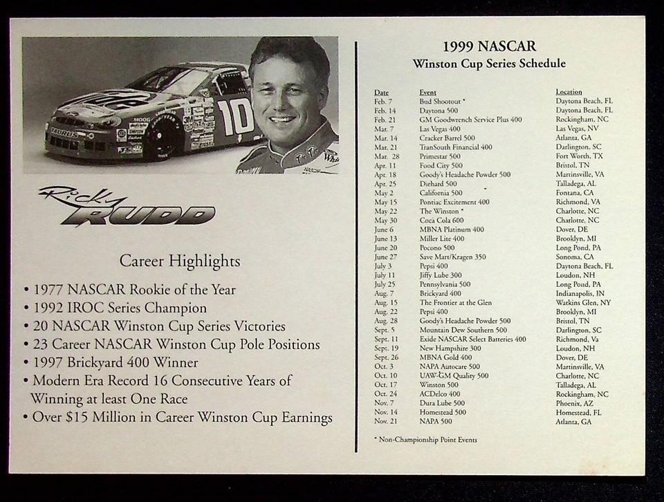 Ricky Rudd Signed 7x5 Photo Card Nascar #10 Taurus Tide 1999 Winston ...