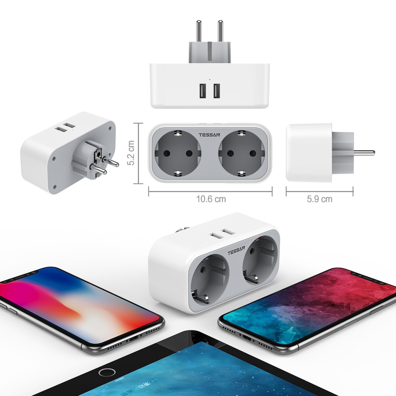 2-fach Mehrfachsteckdose Steckdose Adapter mit 2x USB Wandmontage ...