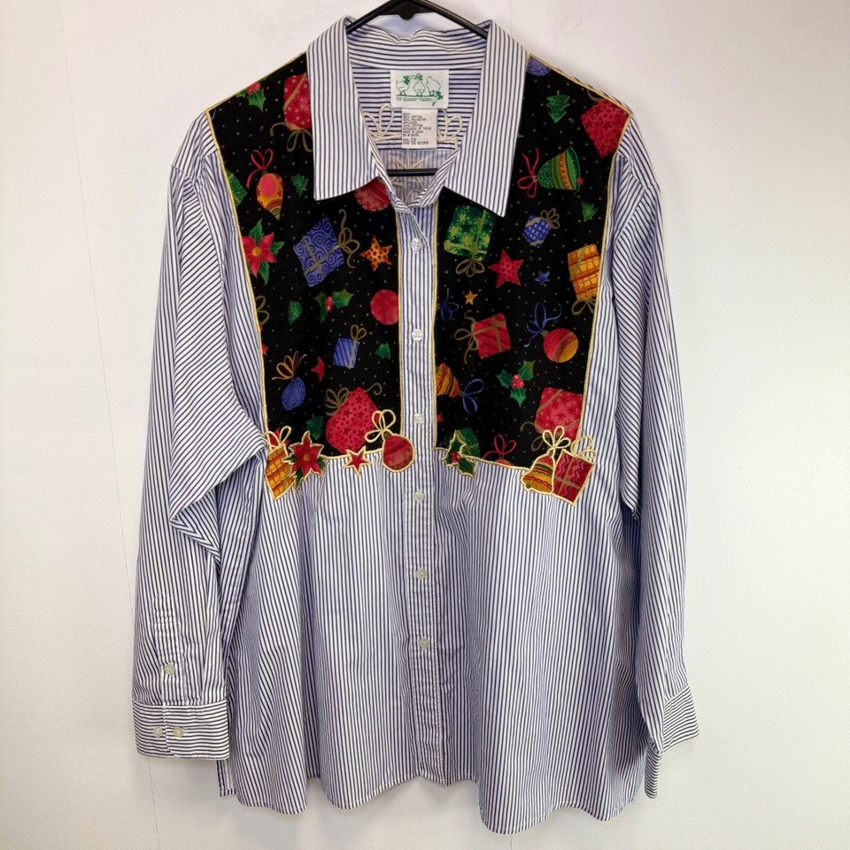 The Quacker Factory Christmas Holiday Blue Striped Button Up Shirt ...