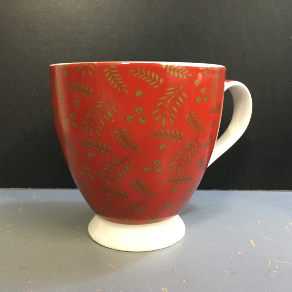 The English Mug Company Coffee Tea Footed Mug Cup Gold Red Fern Leaves ...