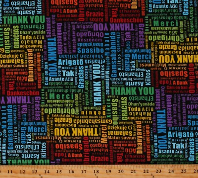 Cotton Thank You Words Languages Colorful Black Fabric Print by the ...