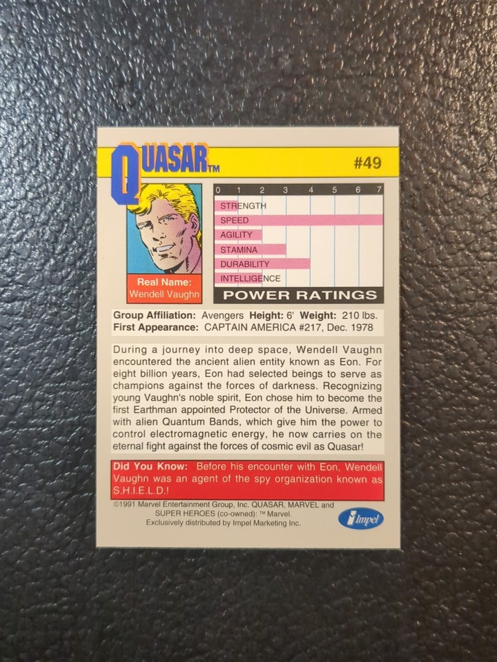 1991 MARVEL QUASAR CARD SUPER HEROS #49 | eBay