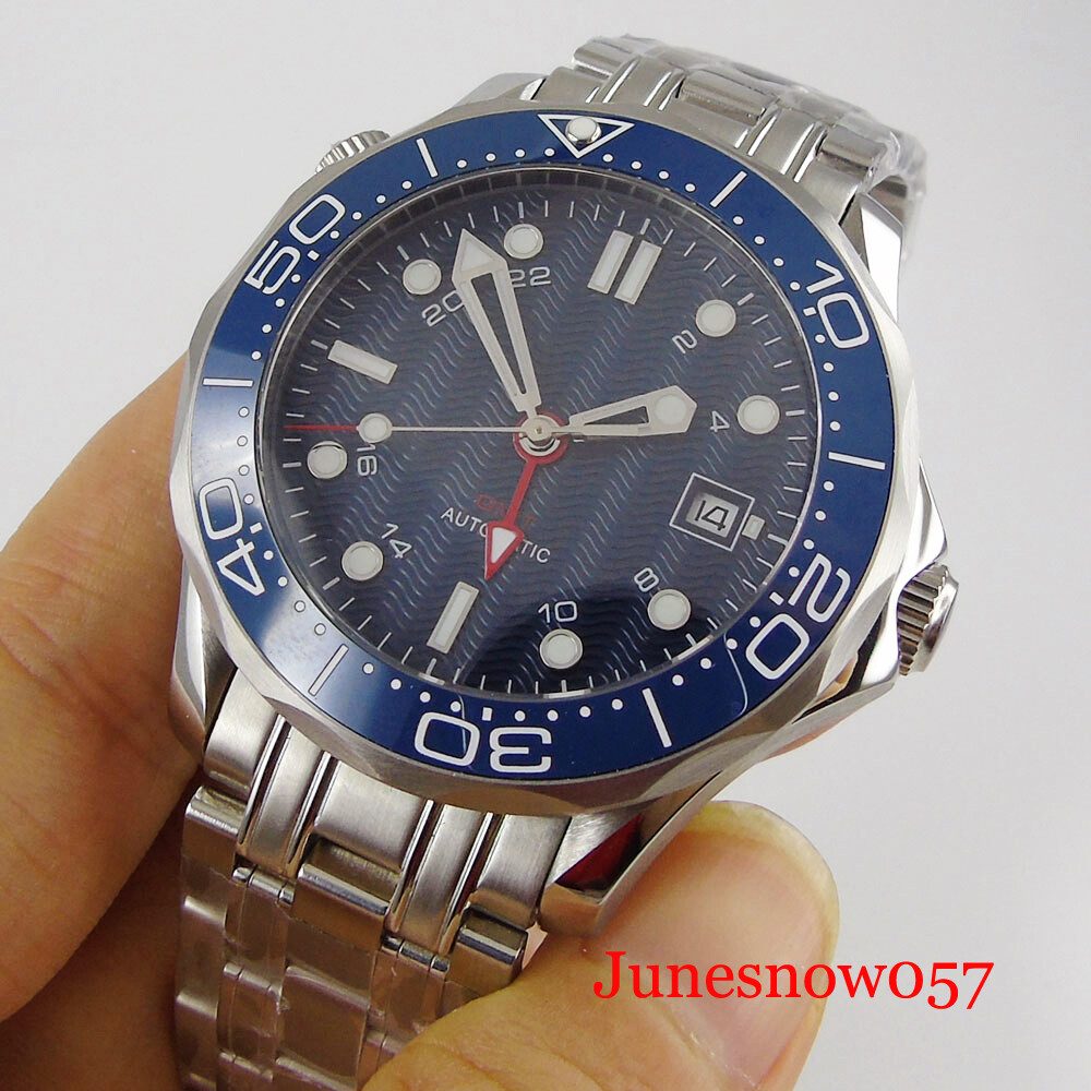 BLIGER 41mm Blue Mechanical Men Watch Sapphire Glass Steel Band GMT ...