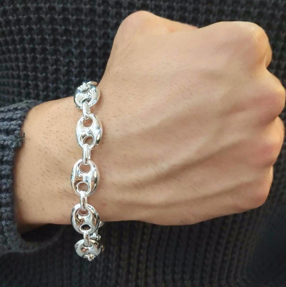 925 Sterling Silver Mens Mariner Puffed Link Chain Bracelet 9.05 Inch ...