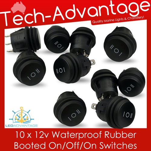 10 x Black Rubber Sealed Waterproof 12v On/Off/On Round Rocker Switches ...