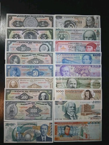 MEXICO SET 18 BANKNOTES LOT 70'S 80'S 1 5 10 20 50 100 500 1000 5k 10k ...