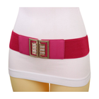 Women Pink Faux Leather Elastic Fabric Fashion Belt Gold Bling Square ...