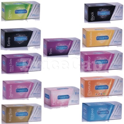 144 x Pasante Condoms | Extra Safe Regular Delay Ribbed Trim Flavours ...