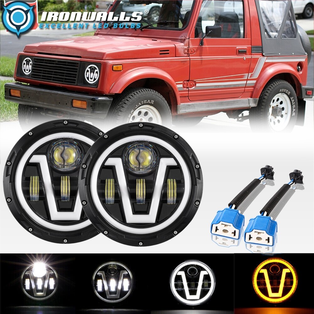 For Suzuki Samurai 1986-1995 Pair 7" LED Headlight Hi-Lo DRL Angel Eyes ...