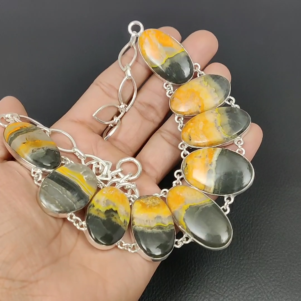 925 Sterling Silver Natural Bumble Bee Jasper Chain Handmade Necklace ...