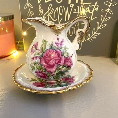 Vintage Tilso Japan Miniature Water Pitcher Saucer Bowl Porcelain Roses ...